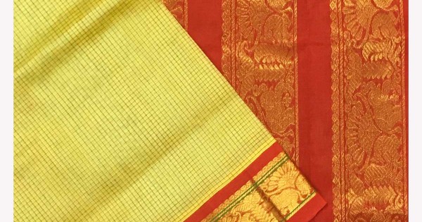 Yellow Checks Silk Cotton Saree